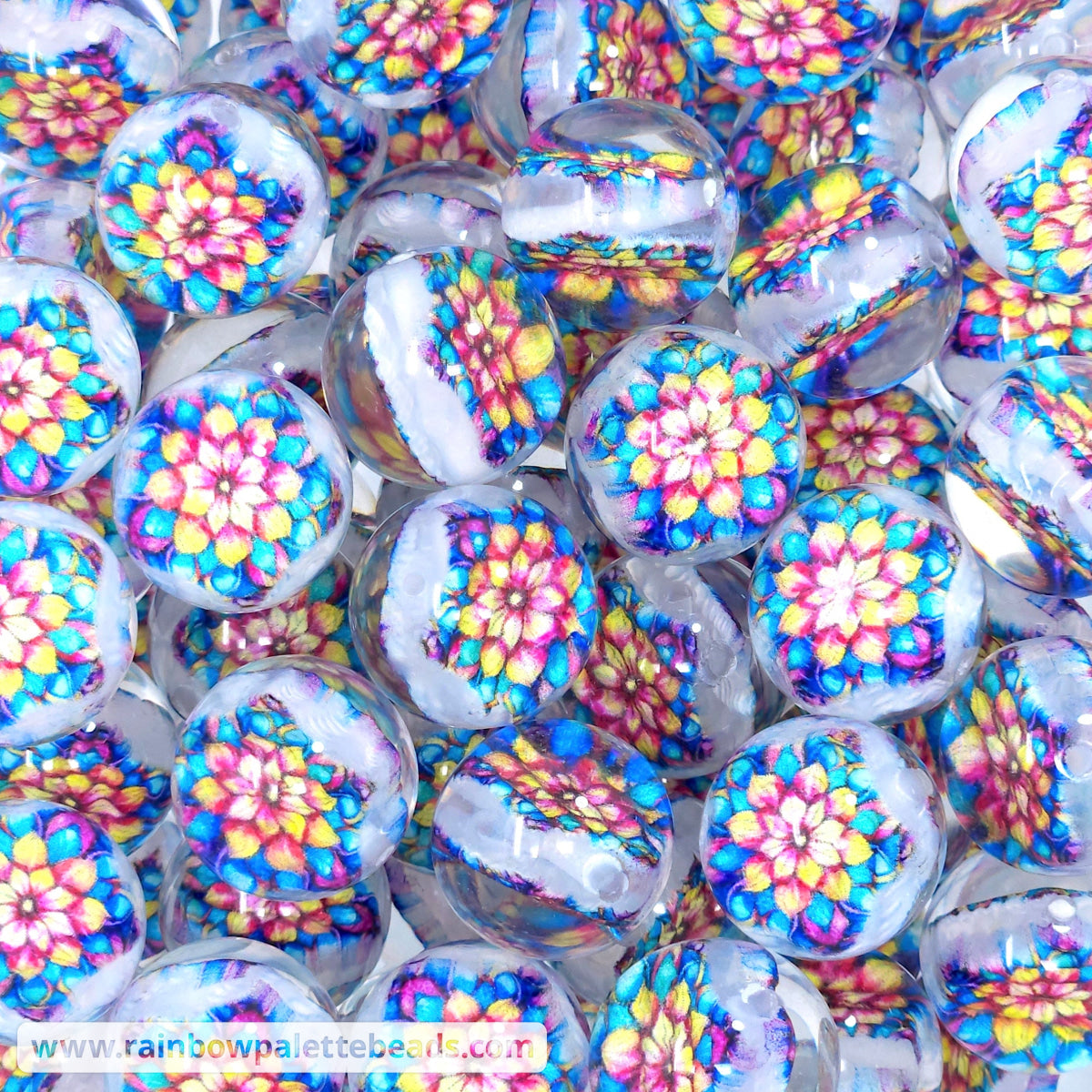 20mm 3D Flower Mandala Print Resin Acrylic Beads – Rainbow Palette Beads